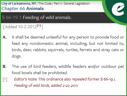 Backyard Bird Feeder Legislation - General Code