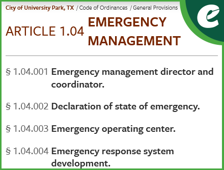 Natural Disaster Preparedness Legislation - General Code