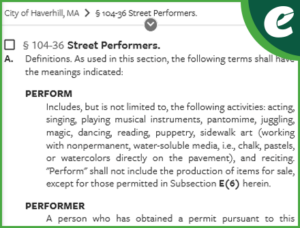 Street Performers Legislation - General Code