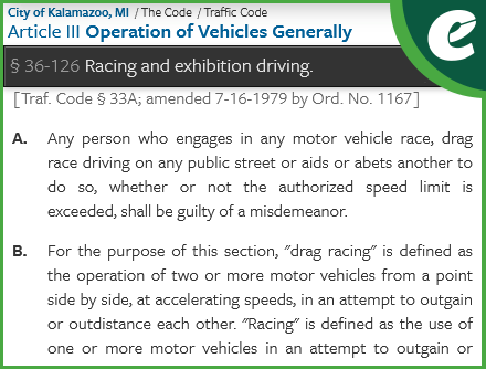 Street Racing Legislation - General Code
